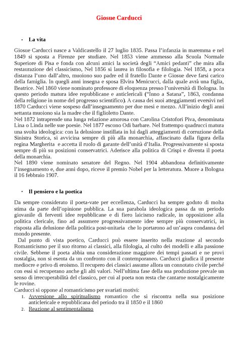 Riassunto Giosuè Carducci Docsity