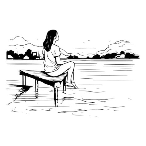 Premium Vector Girl Sitting On A Bench By The Sea Vector Hand Drawn