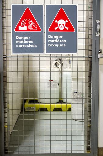 French Warning Signs On Screengrid Door Of Toxic Chemical Closet Stock