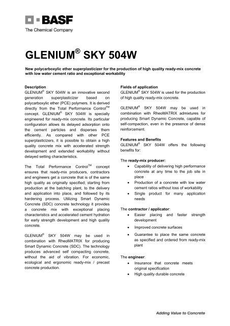 Datasheet Glenium Sky 504w Basf Construction Chemicals