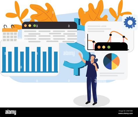Flat Illustration Of Statistical Analyst Observing Company Financial Growth With Background Of