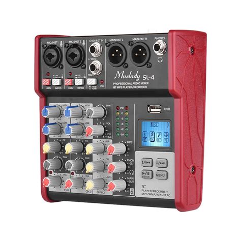 Muslady Sl 4 4 채널 믹싱 콘솔 사운드 믹서 2 밴드 Eq 내장 48v 팬텀 전원은 Bt 연결 Usb Mp3 플레이어를 지원합니다 전기 악기 부품 And 부대용품