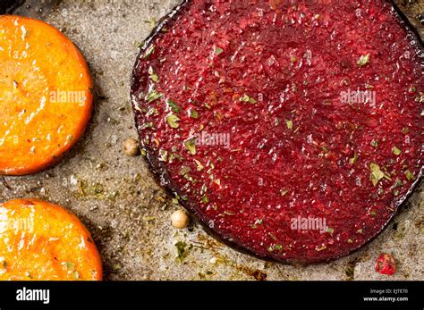 Slice Roast Beetroot With Slices Of Carrots Closeup Pan On Top Stock