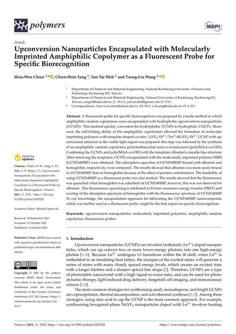 Pdf Upconversion Nanoparticles Encapsulated With Molecularly Imprinted Amphiphilic Copolymer