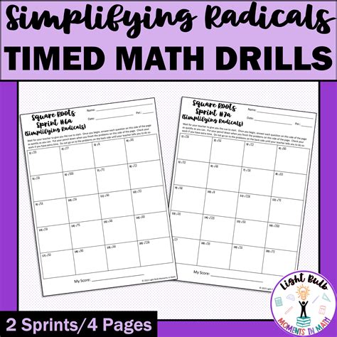 Perfect Squares And Square Roots Timed Math Drills For Fluency Sprints Light Bulb Moments In