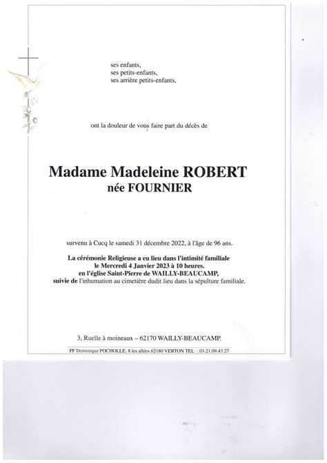 Avis De Décès Madeleine Robert Née Fournier