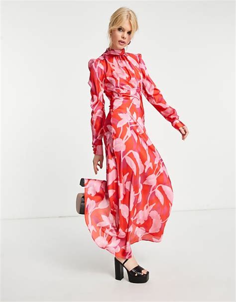 Asos Design Vestito Da Giorno Accollato In Raso Con Base Rossa E