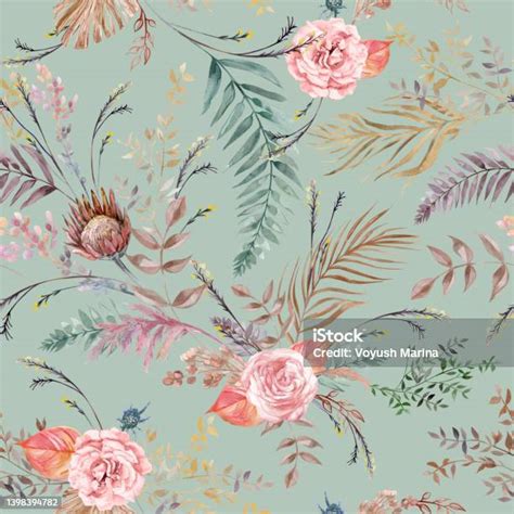 繊細なバラとプロテアの花と乾燥シダの花とヤシの葉を持つシームレスな水彩画パターン イラストレーションのベクターアート素材や画像を多数ご用意