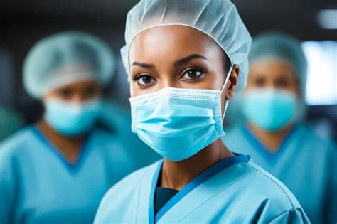 Premium Ai Image Woman Wearing Surgical Mask And Scrubs In Row