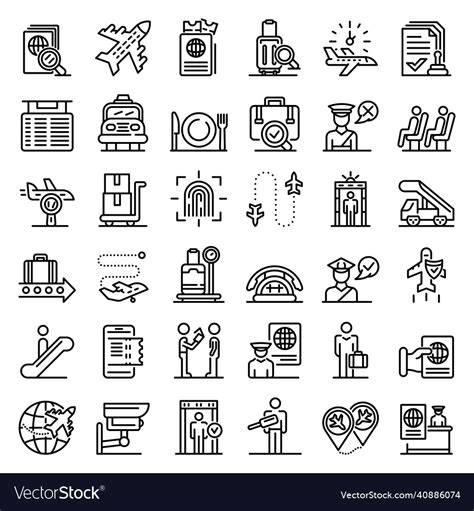 Passport Control Icons Set Outline Style Vector Image
