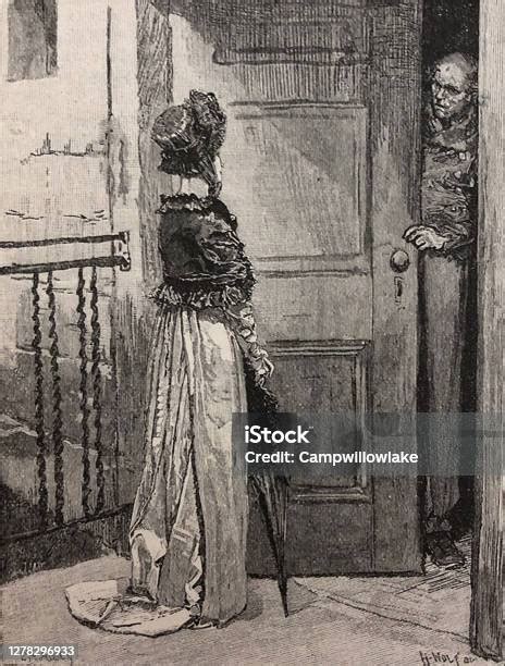 골동품 일러스트레이션 긴 드레스와 보닛을 입은 여성이 문 앞에 서있는 남자가 밖으로 바라보고 있습니다 빅토리아 스타일에 대한 스톡 벡터 아트 및 기타 이미지 Istock