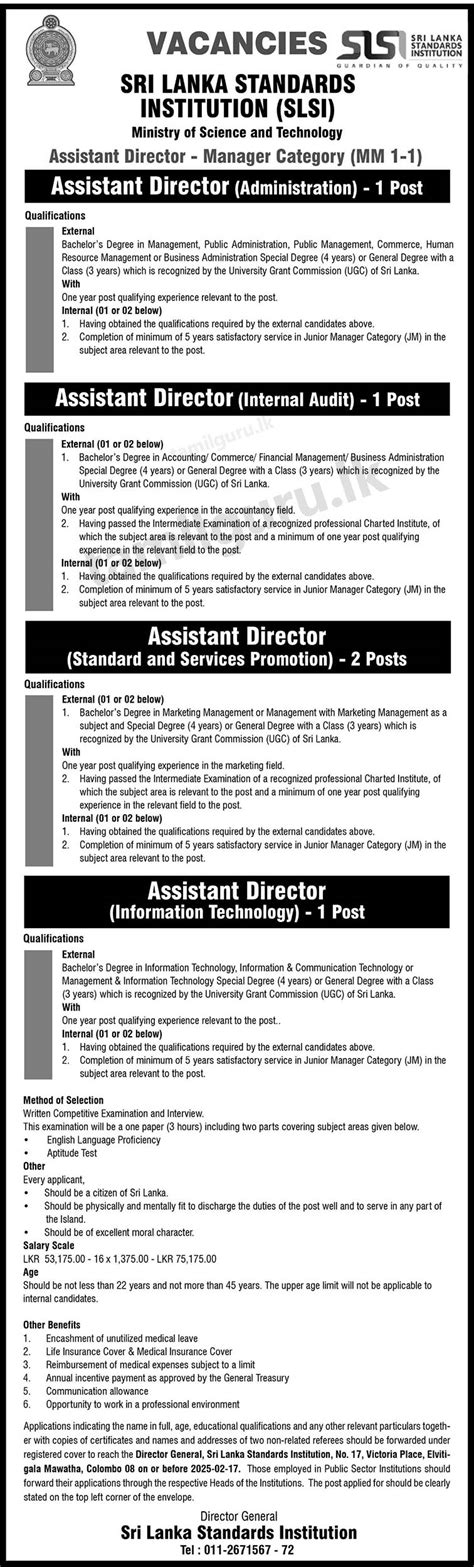 Sri Lanka Standards Institution Slsi Assistant Director Vacancies