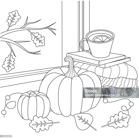 창문에 호박 차가있는 가을 색칠 공부 페이지 가을 계절의 그림 책에 머그잔 컬러링 북 페이지 일러스트레이션 기법에 대한 스톡 벡터 아트 및 기타 이미지 컬러링 북 페이지