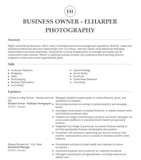 Photography Studio Owner Resume Example