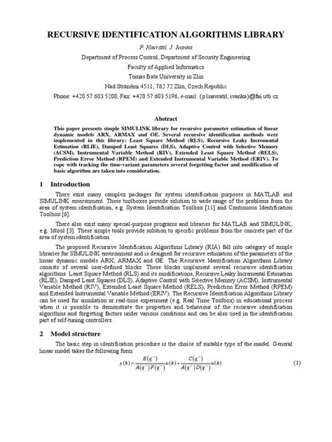 Recursive Identification Algorithms Library By Navratil Download Free