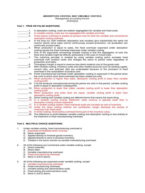 05 Absorption Vs Variable Costing Answer Key Download Free Pdf