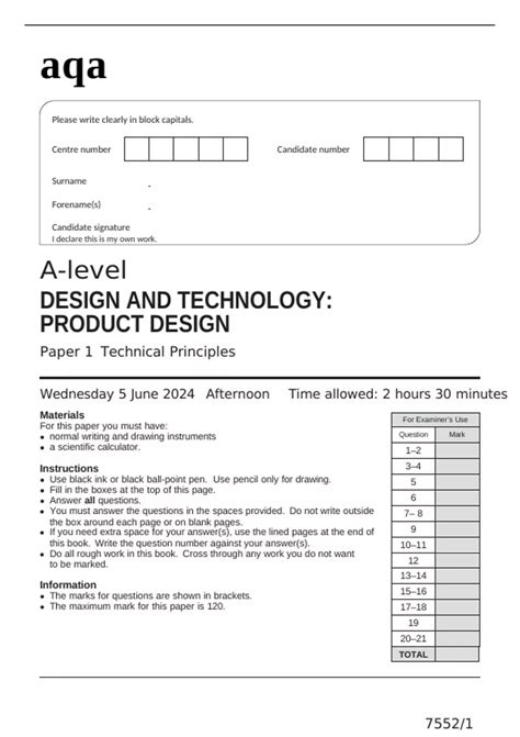Aqa A Level DESIGN AND TECHNOLOGY PRODUCT DESIGN Paper 1 Technical Principles 7552 1 June 2024