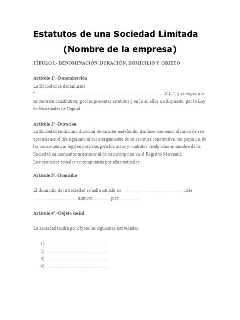 Modelo De Estatutos De Una Sociedad Limitada Descargar Gratis Pdf