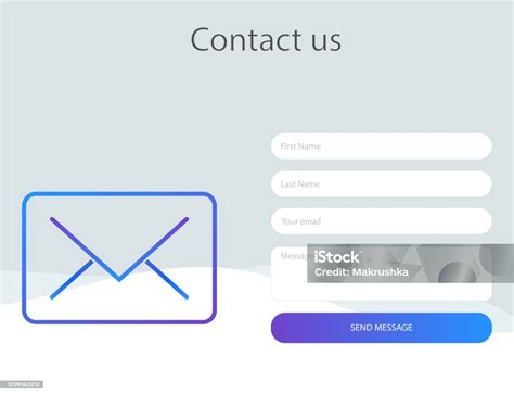 양식 창에 문의하십시오 그라데이션 메일 아이콘이 있는 피드백 페이지의 템플릿입니다 문의용 모형 프레임은 양식입니다 보내기 버튼이 있는 메시지 상자 격리된 편집 가능한 템플릿