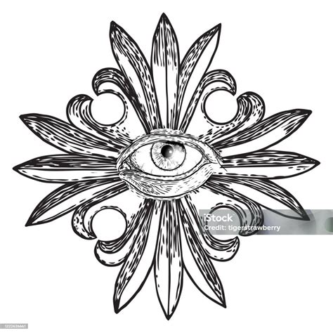 모든 보고 눈 또는 섭리의 눈 장식 배경 신성한 기하학에 고대 신비한 성례 Masonic 상징 손으로 그린 연금술 종교와 영적
