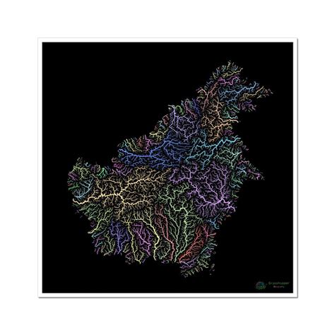 River Basin Map Of Borneo Pastel Colours On Black Fine Art Print