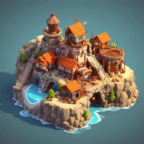 Premium Photo Low Poly Castle Sea Island Ocean Isometric Game Scene