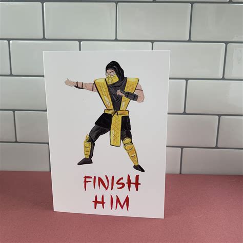 Finish Him Mortal Kombat Greetings Card Scorpion Retro Gaming