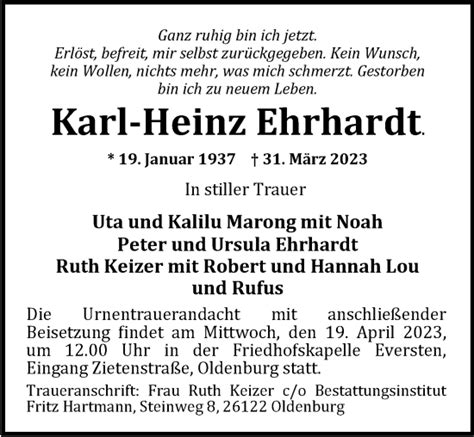 Traueranzeigen Von Karl Heinz Ehrhardt Nordwest Trauer De
