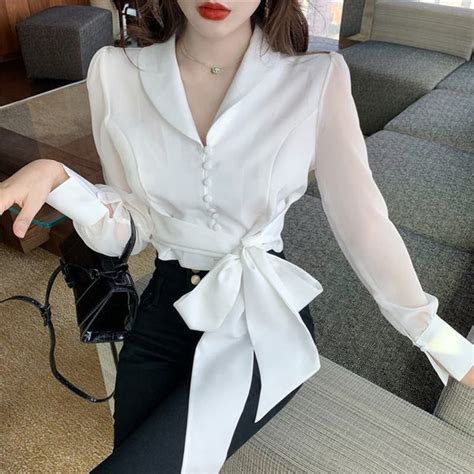 Long Sleeve Lapel Collar Cute Bow Office Blouse Shirt Nada Outfit Land
