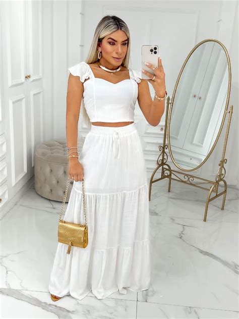 Conjunto Cropped E Saia Longa Off White VemQueVeste Moda e Acessórios