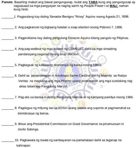 Solved Panuto Basahing Mabuti Ang Bawat Pangungusap Isulat Ang TAMA