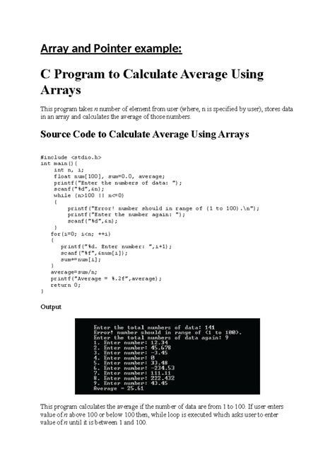 Array And Pointer Example Source Code To Calculate Average Using