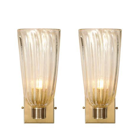 Pair Of Modernist Hand Blown Murano Fluted Glass Sconces W 24kt Gold
