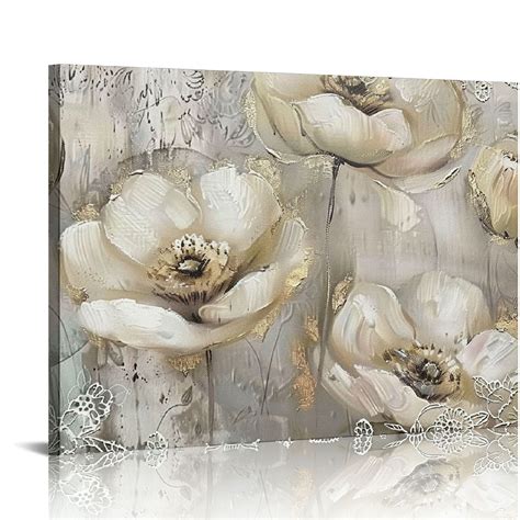 Nawypu Floral Elegance Canvas Wall Art Beige Ivory Embellished