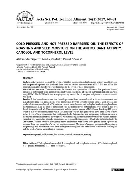 Acta Sci Pol Technol Aliment 16 1 2017 69 81 Aleksander Siger Marta Józefiak Paweł