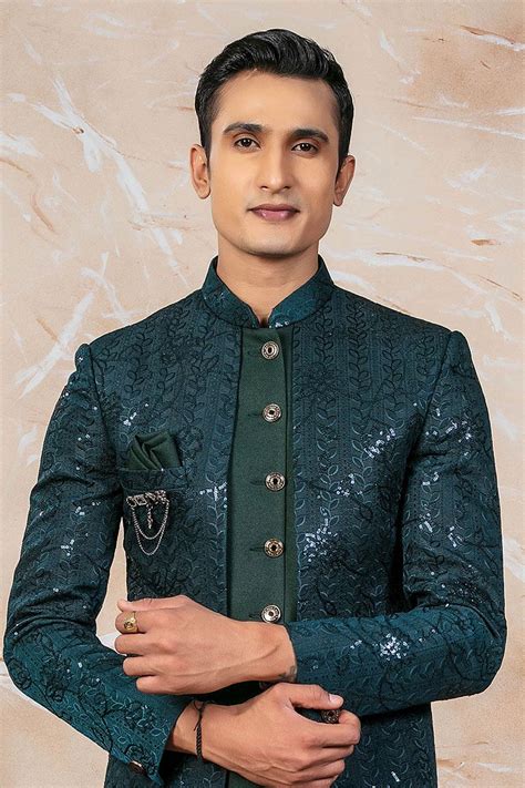 Fancy Green Designer Indo Western Nawabi Style Sherwani Set For Wedding