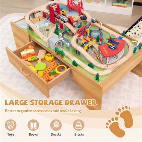 100 Piece Double Sided Wooden Train Set Table With Storage Drawer For