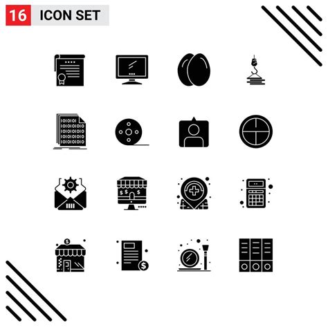 pictogram set of 16 simple solid glyphs of binary harbor pc