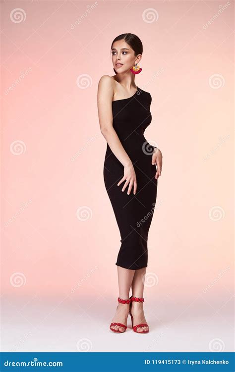 Fashion Style Woman Perfect Body Shape Brunette Hair Wear Black Stock