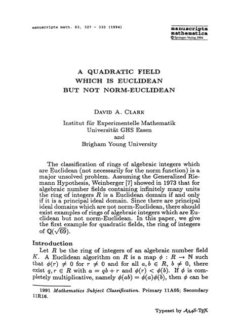 A Euclidean Quadratic Field That Is Not Norm Euclidean Pdf Discrete Mathematics Algebra