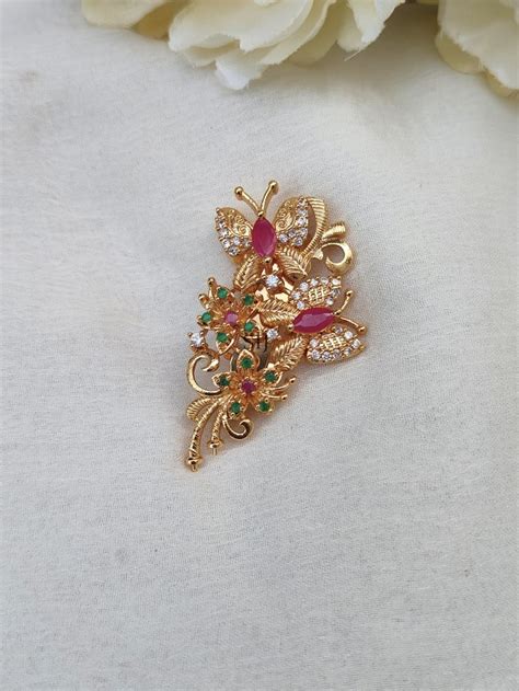 Green And Ruby Stone Ad Peacock Design Saree Pin