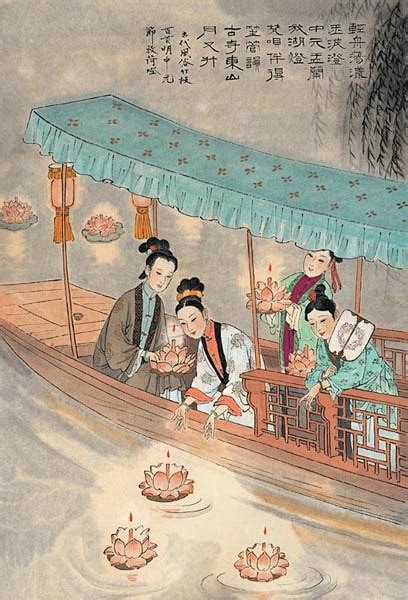 【明 放湖灯】 轻舟荡漾玉波澄，中元盂兰放湖灯，梵呗伴得笙管韵，古寺东山月又升。 中元节放湖灯之习俗宋已有之，但当时是『差内侍往龙山放江灯万盏