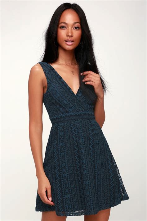 Pretty Navy Blue Dress Navy Lace Dress Lace Skater Dress Lulus