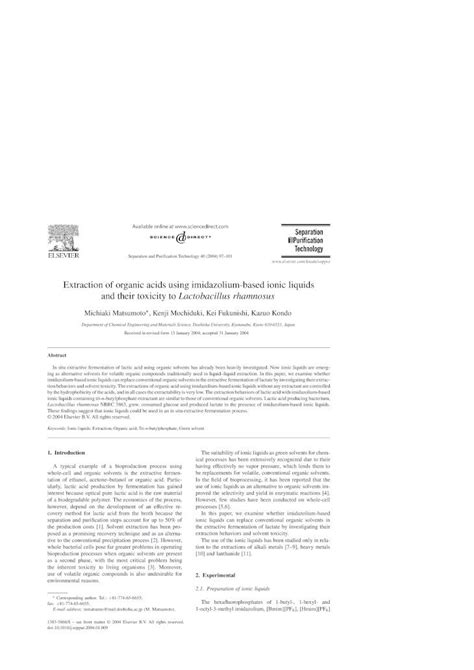 Pdf Extraction Of Organic Acids Using Imidazolium Based Ionic Liquids And Their Toxicity To
