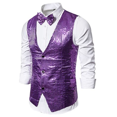 Mens Sequin Shiny Vest Slim Fit Button Down V Neck Sleeveless Suit