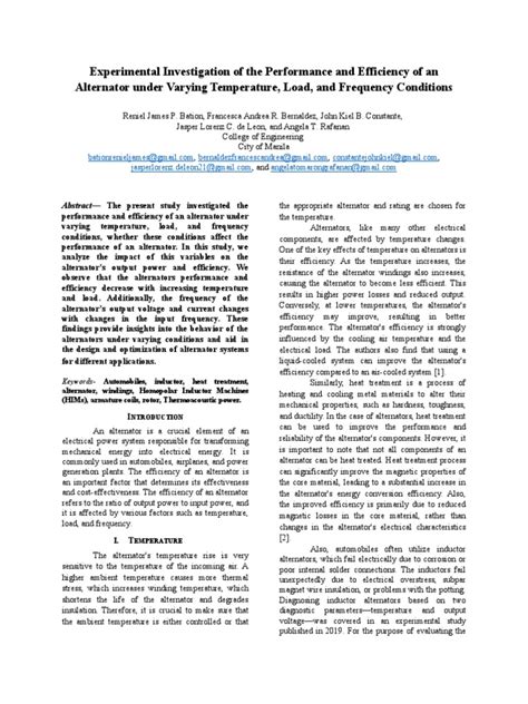 Experimental Investigation Of The Performance And Efficiency Of An Alternator Under Varying
