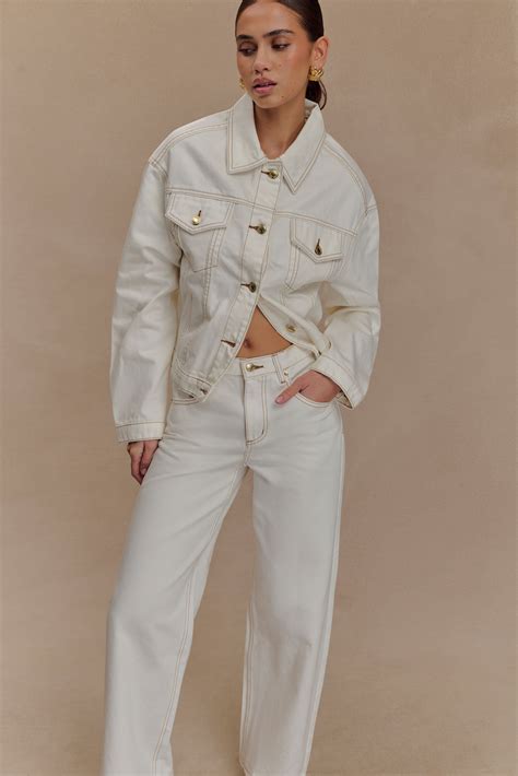 Kirra Cinched Denim Jacket White And Meshki Uk