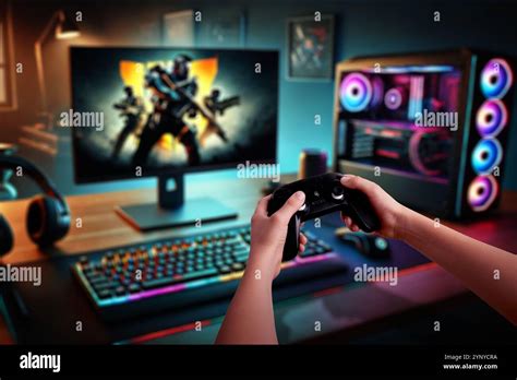 Hands Holding A Gamepad In Front Of A Gaming Pc With A Modern Display And Rgb Lit Case