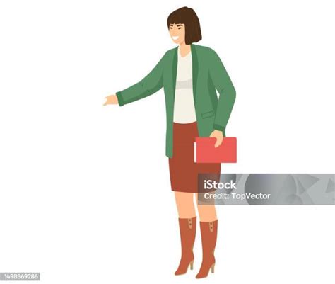 클립보드를 들고 있는 여자 여자 직원이 손에 서류를 들고 서 있다 소녀는 무언가를 가리킨다 가득 찬에 대한 스톡 벡터 아트 및