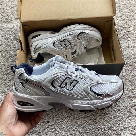 New Balance Women's White and Silver Trainers | Depop
